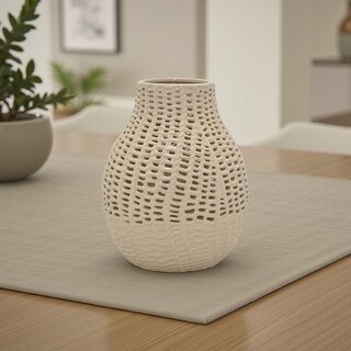 Kai Decorative Vase, 11 Inch, Round Perforated Body, Beige Ceramic ...