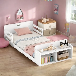 Twin Size Kids Platform Bed with Storage Footboard, Wooden Floor Bed ...