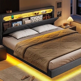 Queen Floating Bed Frame with RGB LED Lights Headboard Upholstered ...