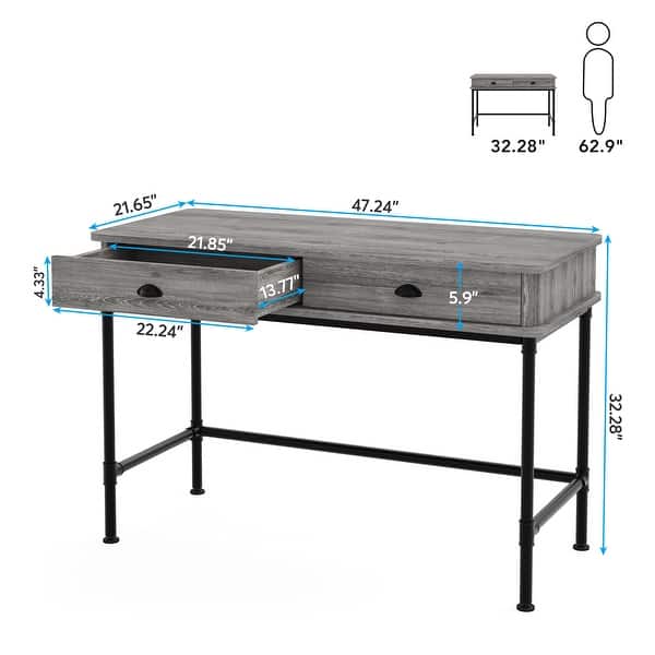 Grey Computer Desk with 2 Storage Drawers 47-Inch Engineered Wood ...