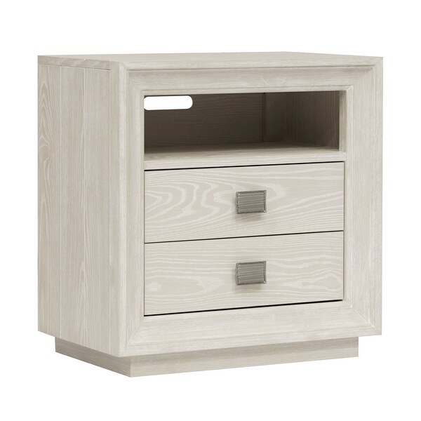 Benjara BM309125 28 in. Maxi Wood 2 Drawers Nightstand with Metal Handles USB Charger Beige Brown
