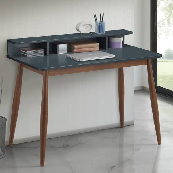 Roskilde Adult Mid-Century Rectangle Portable Writing Desk with Shelves ...