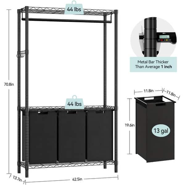 Laundry Hamper Sorter with Garment Rack Hanging Rod and Adjustable ...