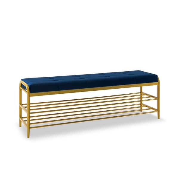 Shoe Storage Bench Navy Blue Velvet Footstool with Golden Metal Frame ...