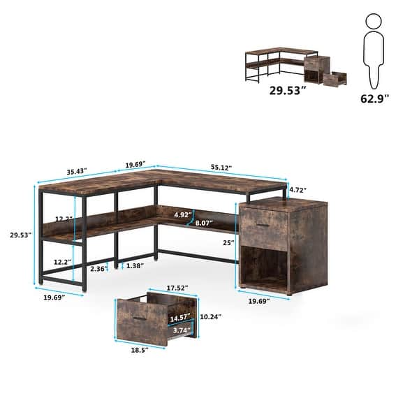 Tribesigns Rustic L-shaped Desk with 2 Drawers file cabinet and Storage ...