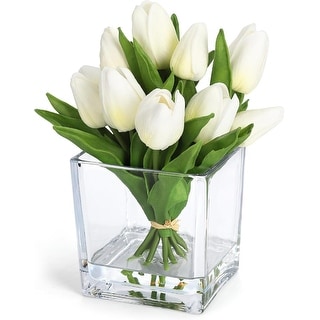 White Artificial Tulip Flowers with Vase, 12 Heads PU Mini Real Touch ...