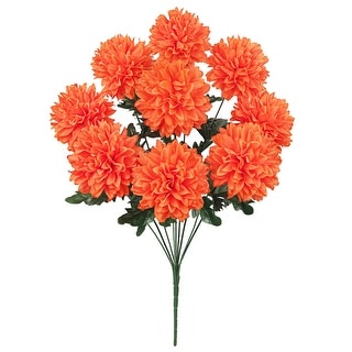 Set of 2 Orange Artificial Ball Mum Pom Pom Flower Stem Bush Bouquet ...