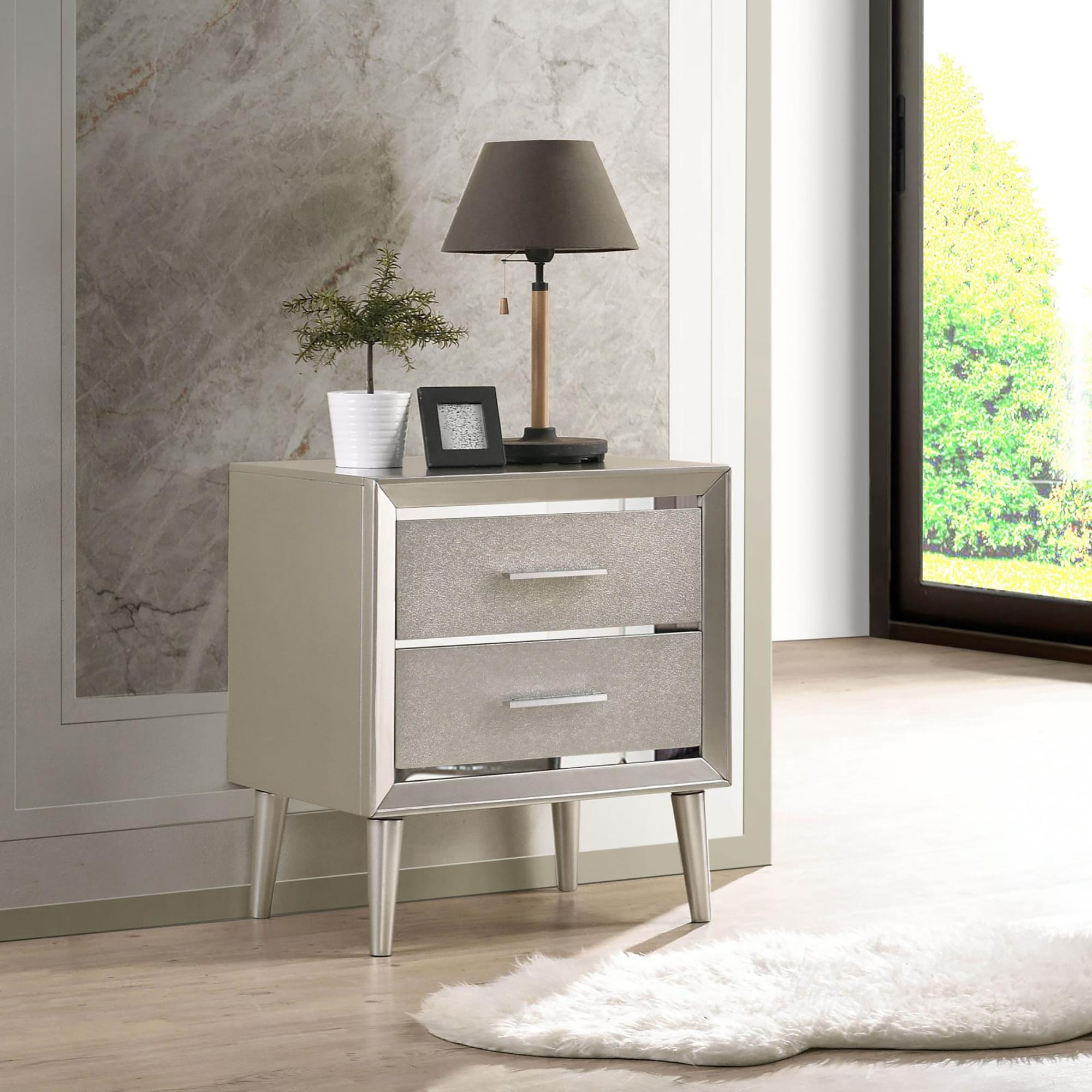 Veronique Metallic Sterling 2 drawer Nightstand Bed Bath Beyond 40202046