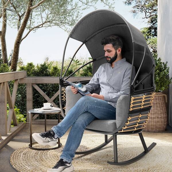 Outdoor Indoor Cushioned Egg Chair Metal Frame PE Rattan Wicker Rocker ...