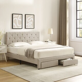 Linen Upholstered Platform Bed with 2 Drawers, Tufted Headboard, and ...