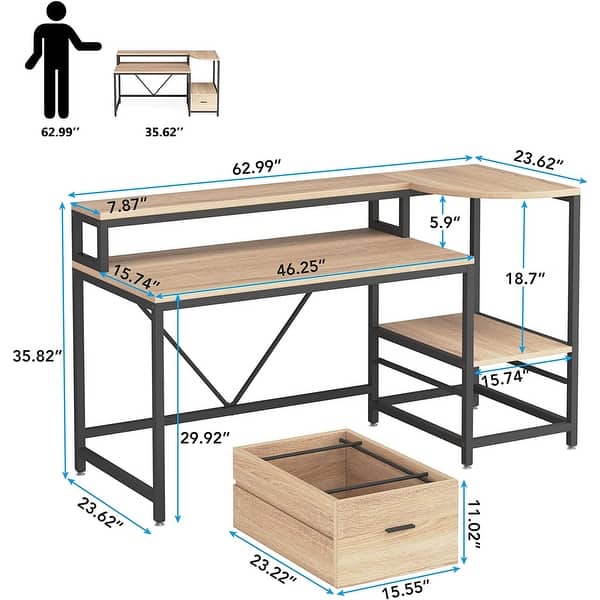63" Industrial Computer Desk with Hutch Storage Shelves, File Drawer ...