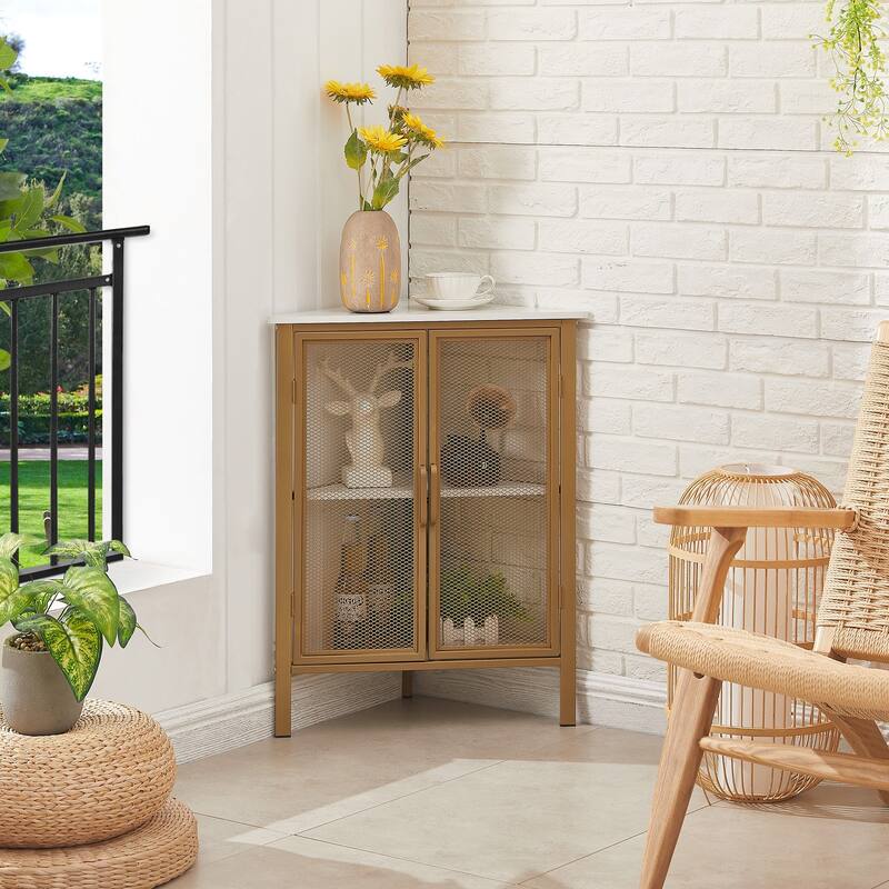 VECELO Triangular Corner Cabinet 27.5" 3-tier End Table with Mesh Doors ...