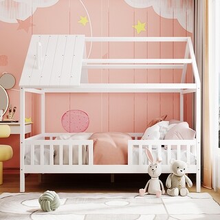 Full Wood House Bed with Fence Design - Playful & Durable - Bed Bath ...