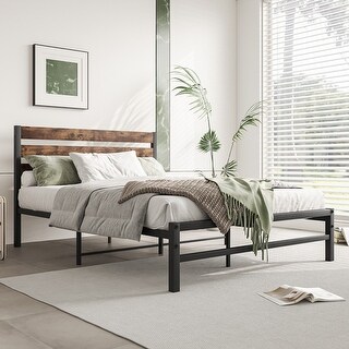 Rustic Full Size Platform Bed Frame with Wood Headboard, No Box Spring ...