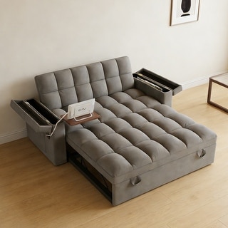 65" 3-in-1 Convertible Velvet Double Sofa Bed with Table Board and USB ...