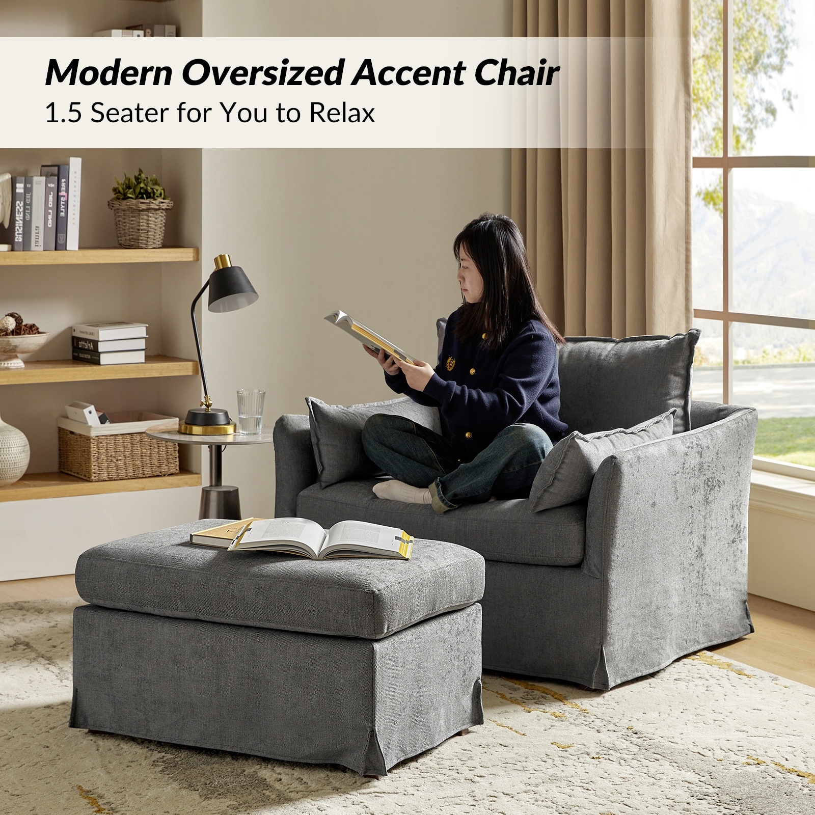 Sophie Modern Oversized Slipcovered Armchair with Ottoman and Lockable Rear Wheels Set of 2 by HULALA HOME On Sale Bed Bath Beyond 40725534