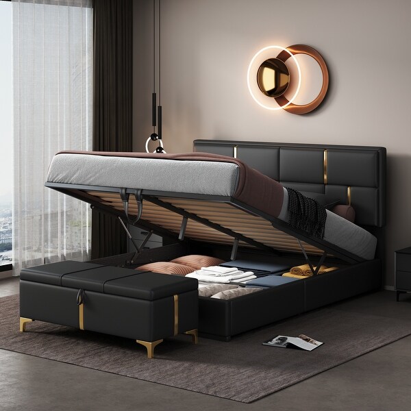 2 Pieces Bedroom Sets with Storage Ottoman Queen Black Platform Bed Bed Bath Beyond 42377543