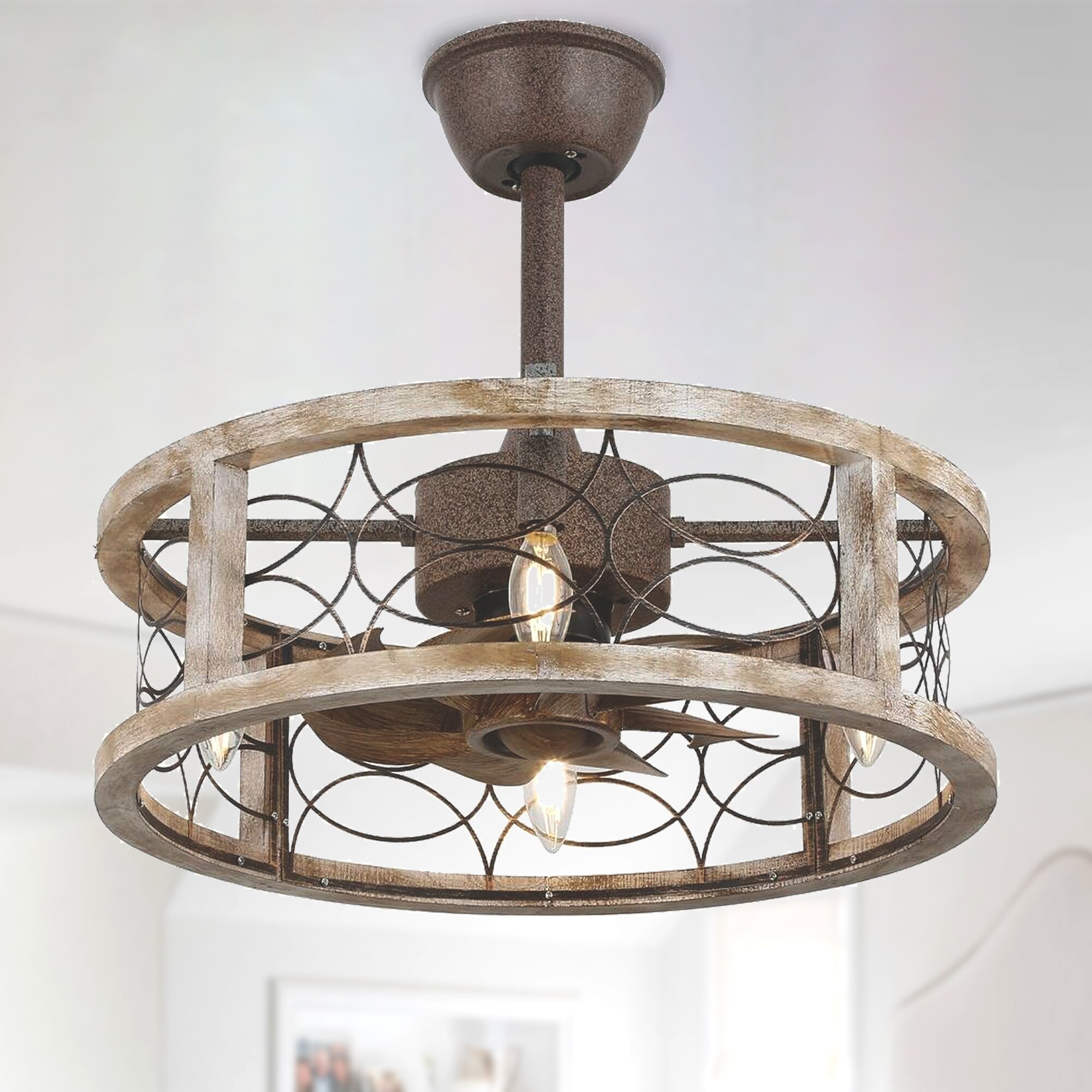 24" Rustic 3-Blade Rattan Cage Ceiling Fan Chandelier with Remote - On ...