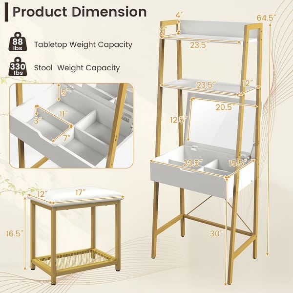 Vanity Table Set Flip Top Mirror Ladder Storage Shelf Cushioned Stool ...