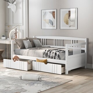Daybed Wood Bed with 2 Drawers, Safety Guardrails & Wood Slat Support ...