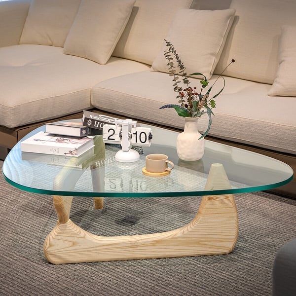 Noguchi Modern Triangle Glass Coffee Table Cherry Wood Base - Bed Bath ...