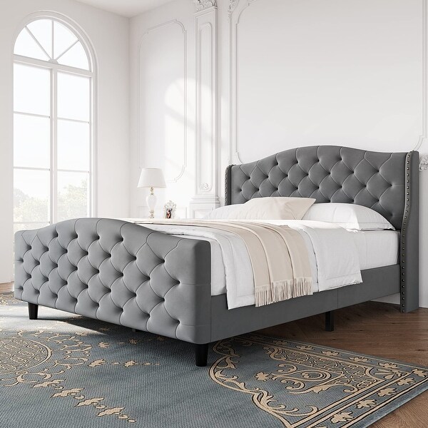 Queen Bed Frame Upholstered Wingback Platform Bed Frame Black