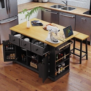 53" Large Kitchen Island with Drop Leaf, Power Outlet, Rolling Cart ...