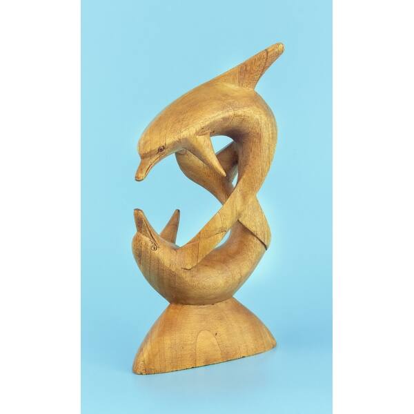 Wooden Hand Carved Dolphins Statue Sculpture Wood Decorative Home Decor ...