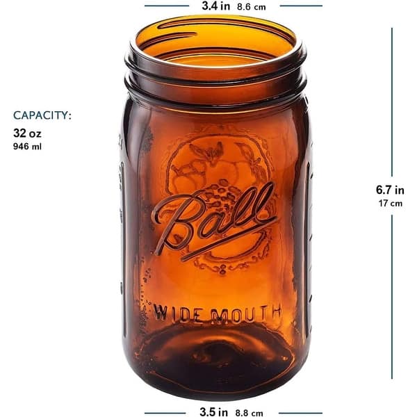 32oz Amber Glass Mason Jar with Wide Mouth, UV Protection, Microwave ...
