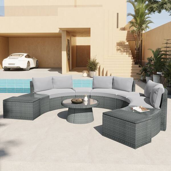 10-Piece Outdoor Sectional Half Round Patio Rattan Sofa Set - Bed Bath ...