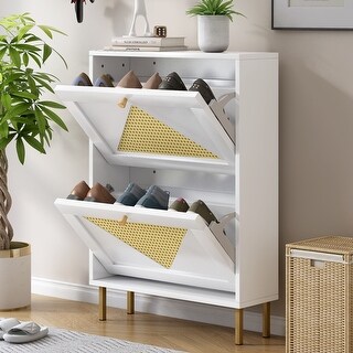 Rattan Shoe Cabinet with 2 Flip Drawers, Modern Shoe Storage Cabinet ...