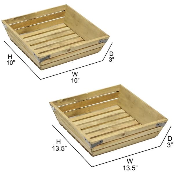 Set of 2 Natural Wood Large & Small Square Crate w/ Metal Corner - Bed ...