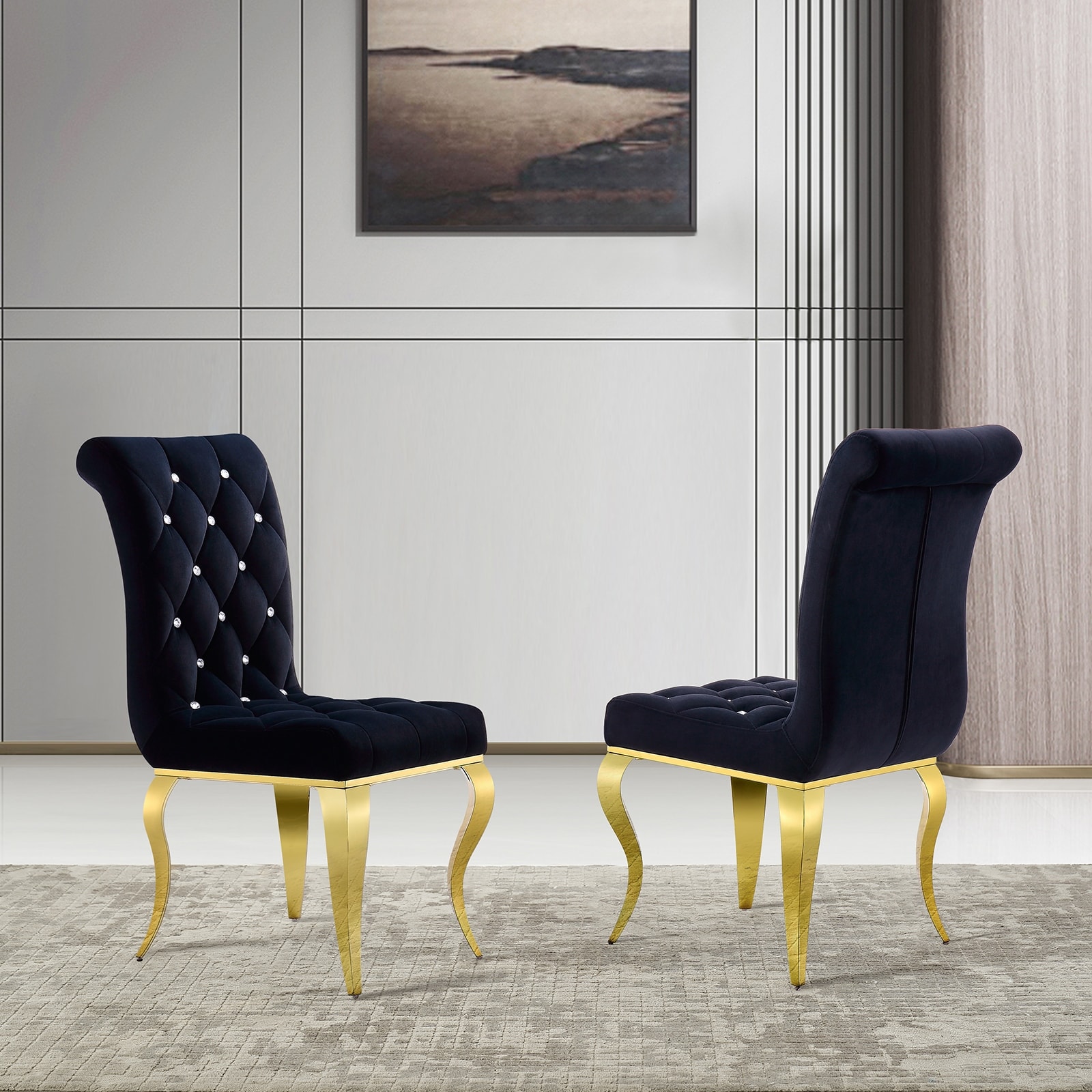Black velvet dining chairs with gold legs store