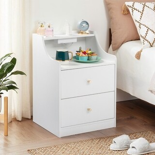 Particle Board Bedside Table with Gold Tapered Handle, 2 Drawers, USB ...