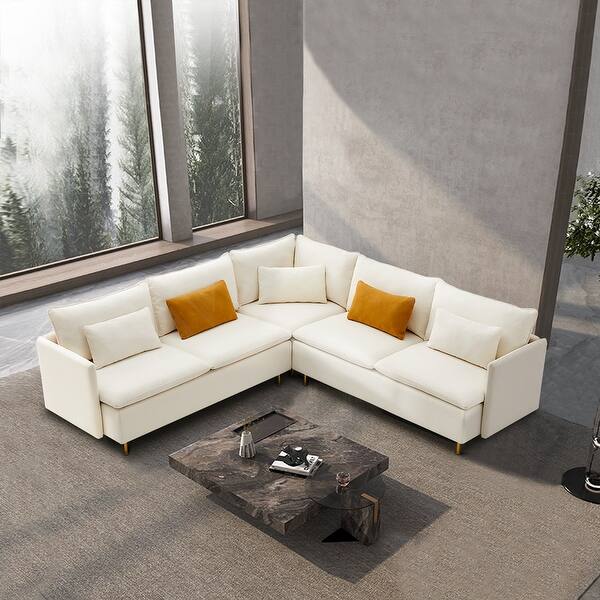L-Shape Beige Sectional Sofa Loveseat with 5 Pillows for Living Room - Bed Bath & Beyond - 39379788