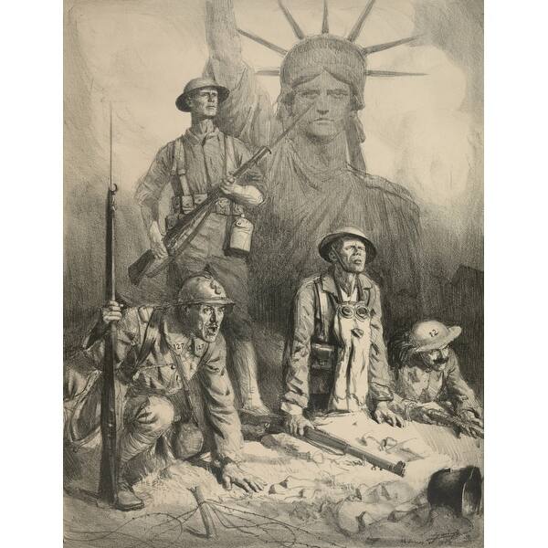 Statue Of Liberty And An American Soldier Behind Allied Soldiers In Ww1 ...