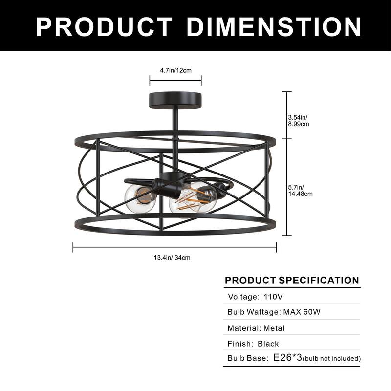 YANSUN 11.5 in. 2-Light Black Cage Distressed Flush Mount Vintage ...
