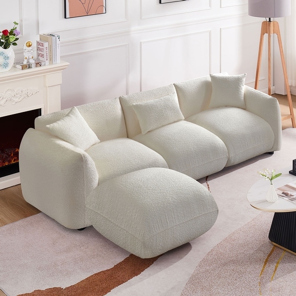 Upholstered Comfortable Soft Lamb Down White Sectional Sofa Couch with Ottoman