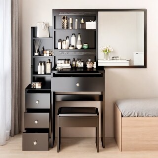 Small Space Left Bedside Vanity Table with Extra-Large Sliding Mirror ...