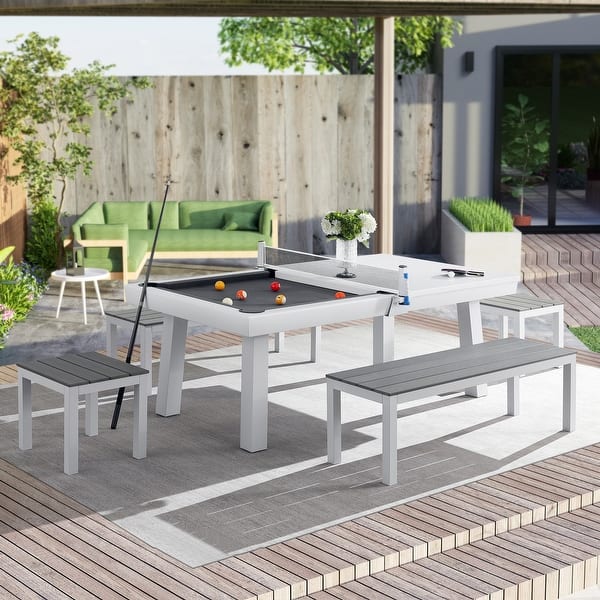 Newport Outdoor Patio 7ft Slate Pool Table 6-Seater Dining Set with 4 ...