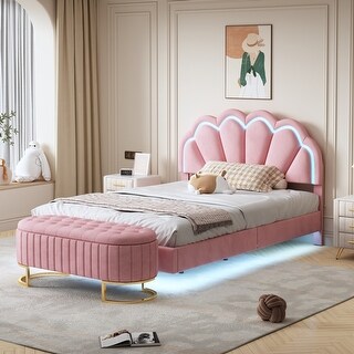 LED Floating Bed Velvet Platform Bed Frame with Ottoman-Full-Pink - Bed ...
