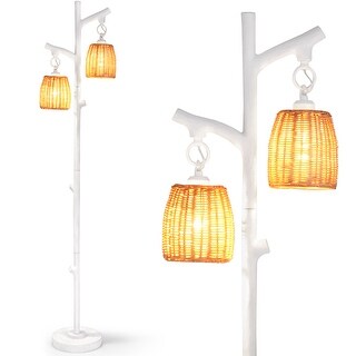 2 Light Tree Trunk Lamps with Wicker Shade-White - 12.5" x 26" x 65 ...