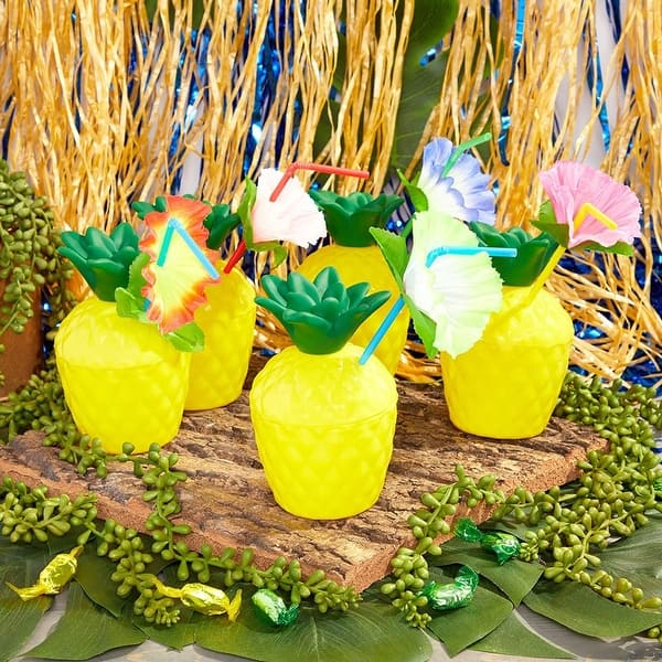 Plastic Pineapple Cups with Lids and Straws for Hawaiian Party (10 oz ...
