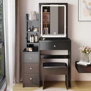 Left Bedside Cabinet Makeup Vanity Table Set with Stool and LED Mirror ...