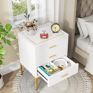 White Gold Nightstand Square Gold Convex Surface, 3 Drawers, Tall Legs ...