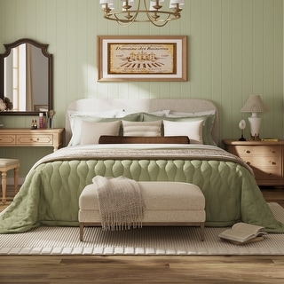 Modern Beige Linen King Bed Frame with Tall Headboard, High Footboard ...
