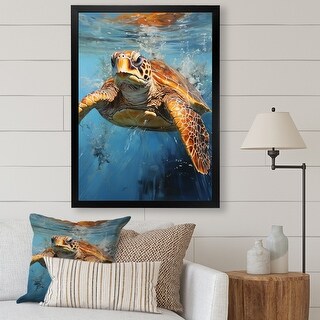 Designart "Turquoise Turtle Drips In Ocean I" Animals Turtle Framed ...