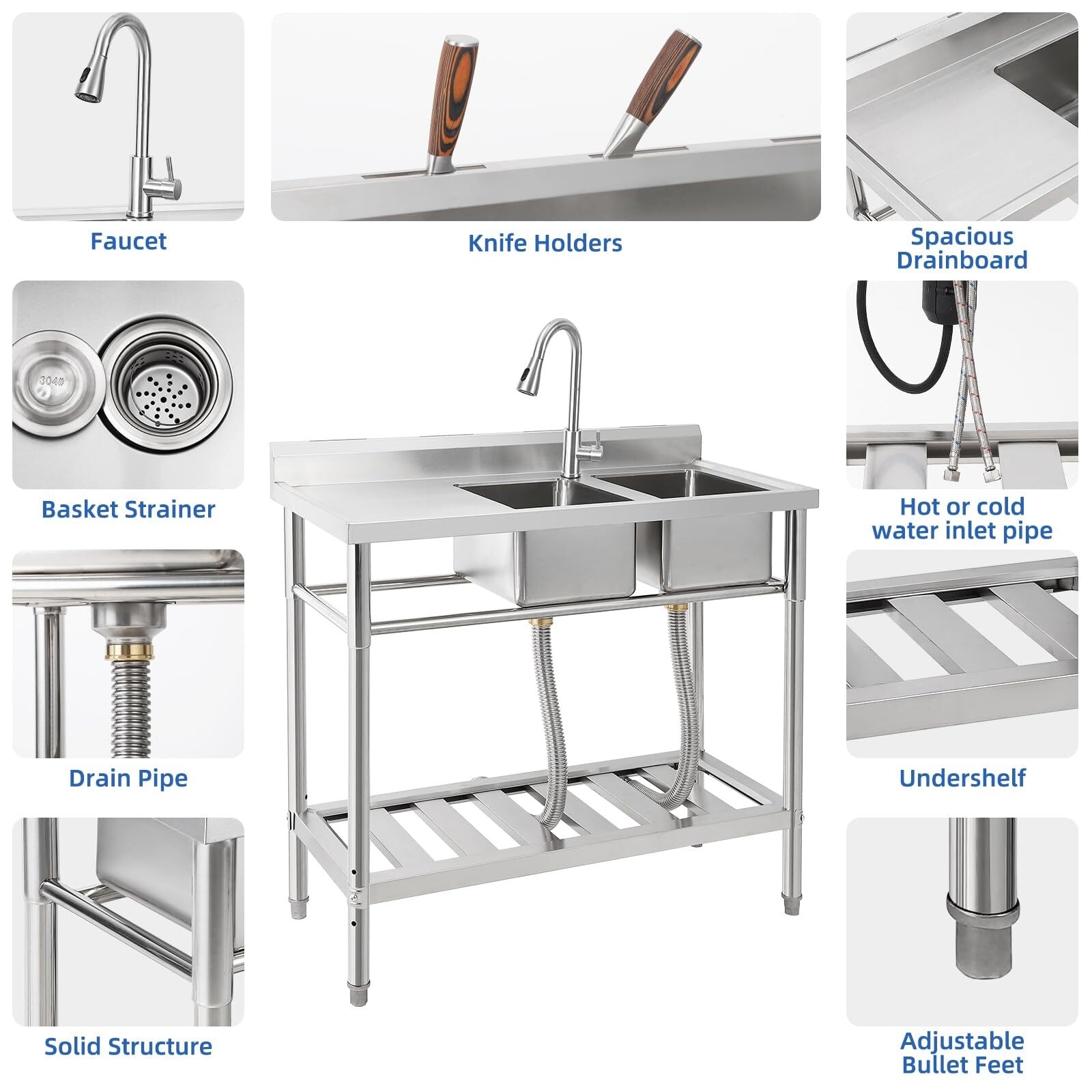 Utility Sink WOEDEN 47" Stainless Steel With Workbench And Drawer ...