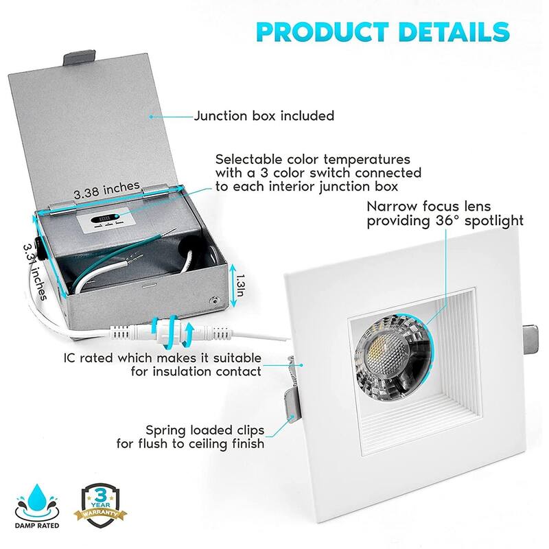 Luxrite 4" Square LED Recessed Lighting J-Box 15W 1200 Lumens 3 Color ...