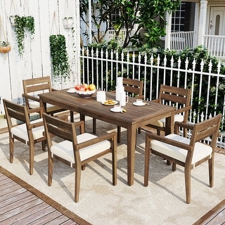 7 Pcs Outdoor Patio Wood Dining Table Sets with 6 High-Back Cushioned ...